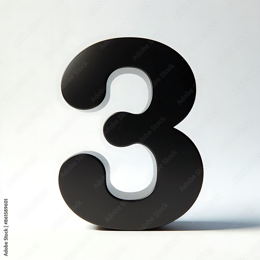 Isolated black 3D number 3 on white background. Minimalist and sleek ...
