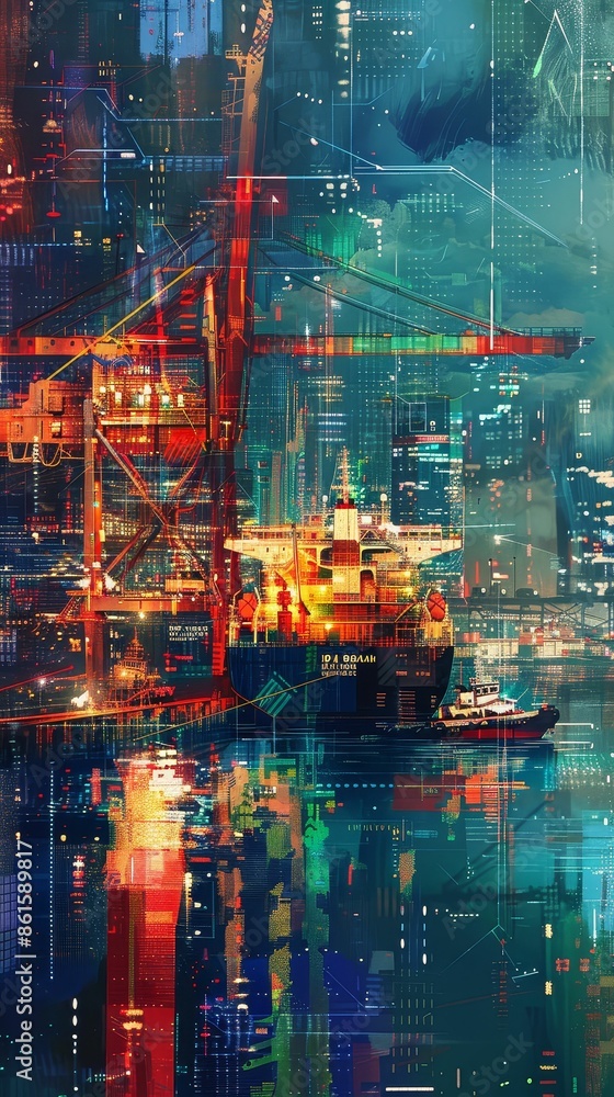 Smart port with autonomous ships and cranes, digital data overlays ...