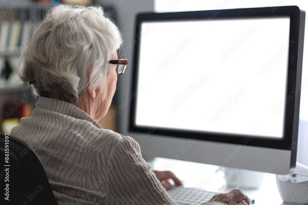 App display looking over a shoulder of a mature woman in front of a ...