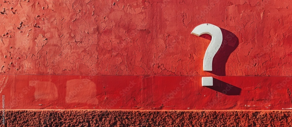 FAQ concept depicted by prominent white question mark against red wall ...