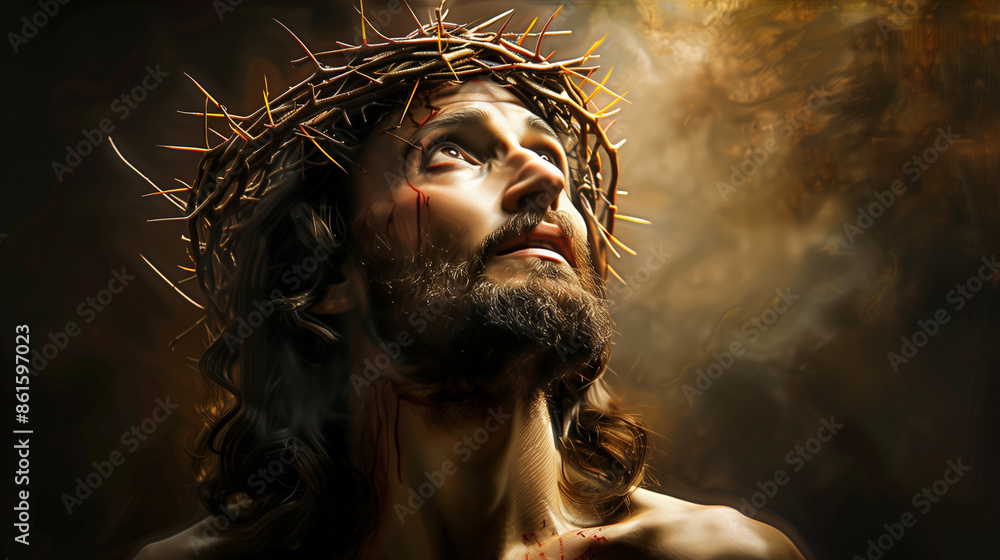 Jesus Christ Looking Up with Crown of Thorns Stock Photo | Adobe Stock