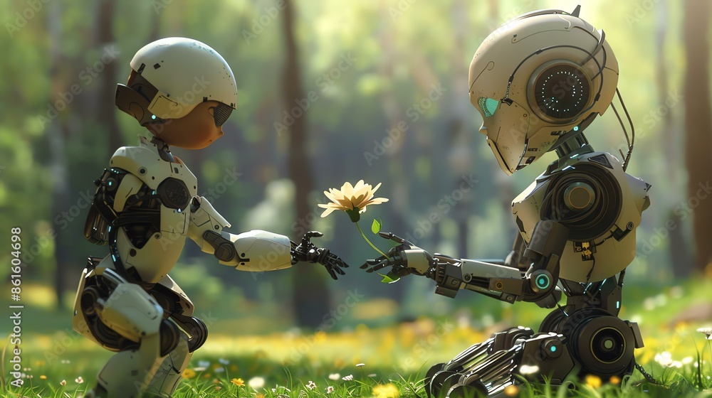 Two robots, one with a more human-like appearance and the other with a ...