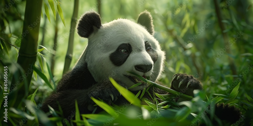 giant panda eating bamboo, Gentle Giant Panda in Bamboo Forest A gentle ...