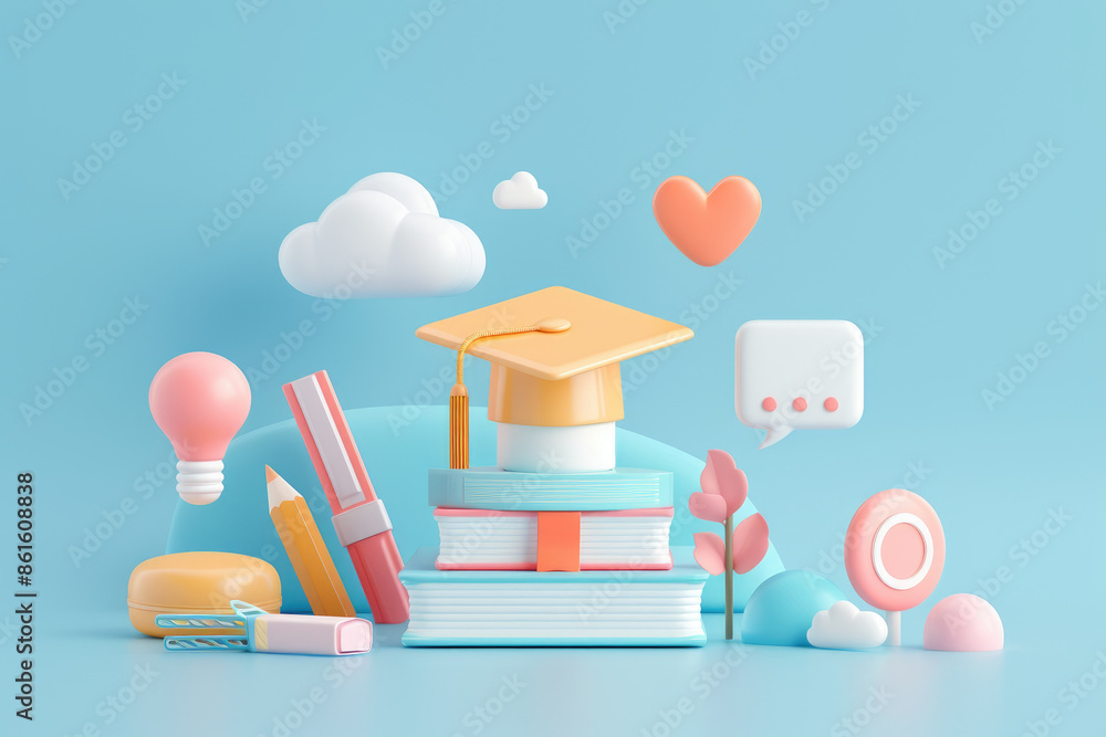 3D education and social media icons for university and school settings ...