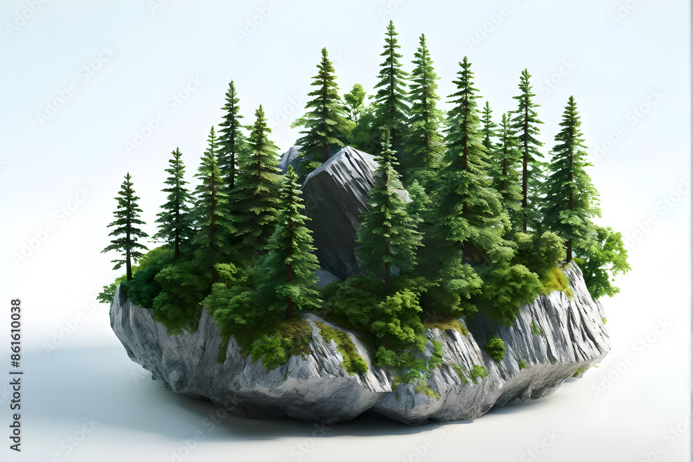 Group of trees among the rocks. Cutout trees isolated on white ...