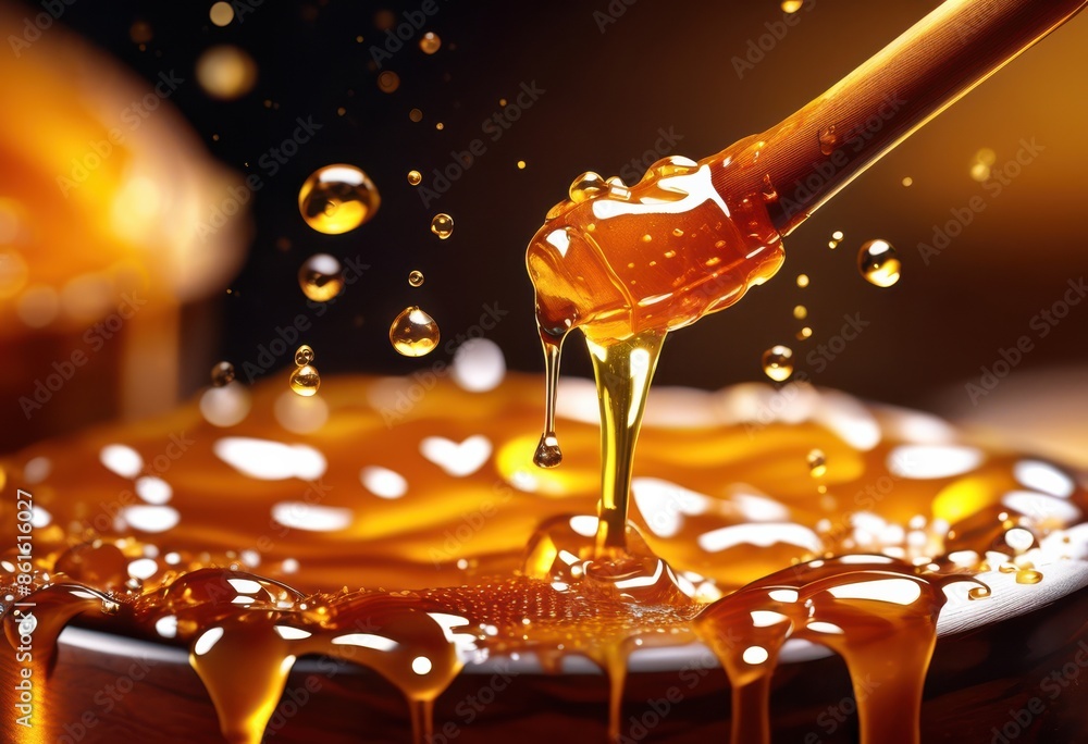shiny honey dripping from wooden sweet golden syrup visualized close ...