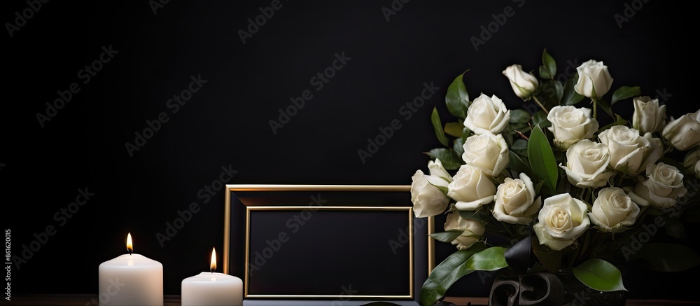 A picture frame for a funeral display including decorative ribbon, a ...
