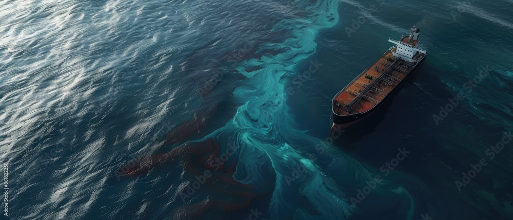 Aerial view of an oil spill spreading from a cargo ship in the ocean ...