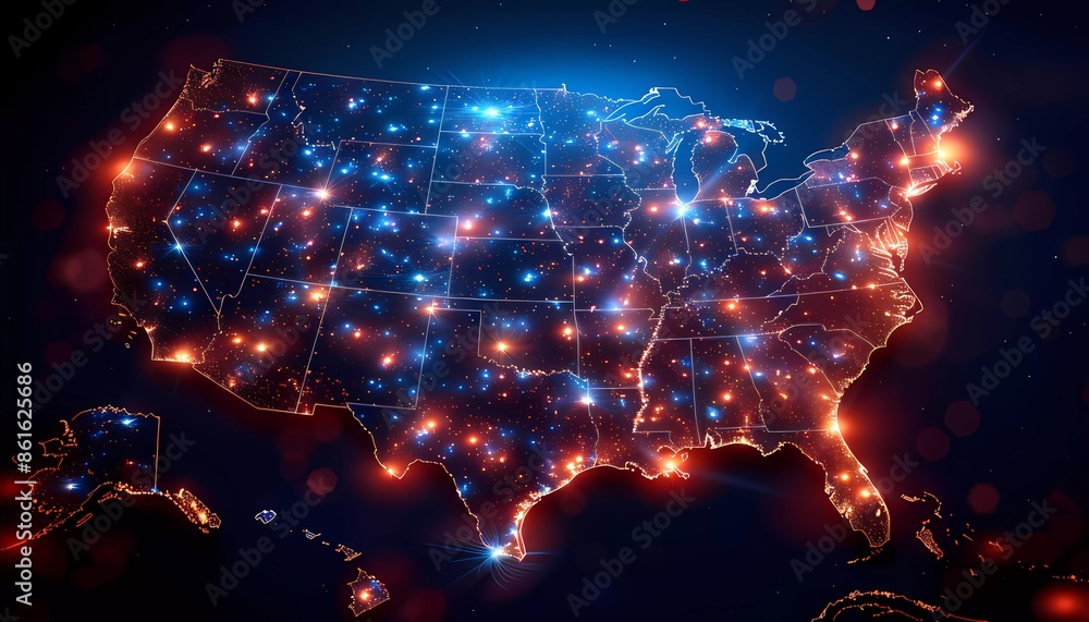 Interconnected States, Geometric shapes overlaid on a map of the USA ...