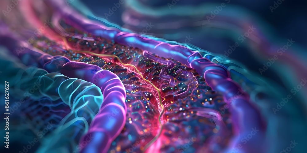 Closeup of inflamed appendix in detailed anatomical setting showing ...