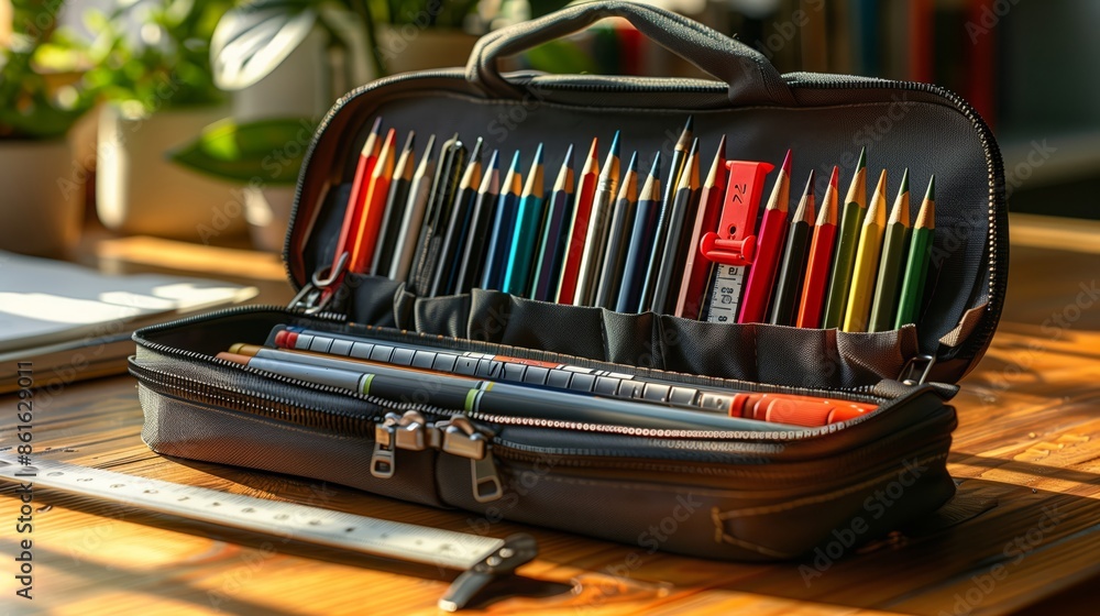 A stylish pencil case filled with mechanical pencils, erasers, and ...