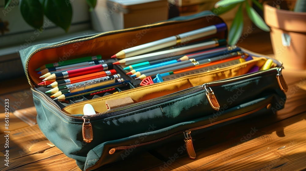 A stylish pencil case filled with mechanical pencils, erasers, and ...