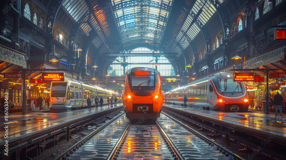 Photorealistic image of a bustling large train station, featuring ...