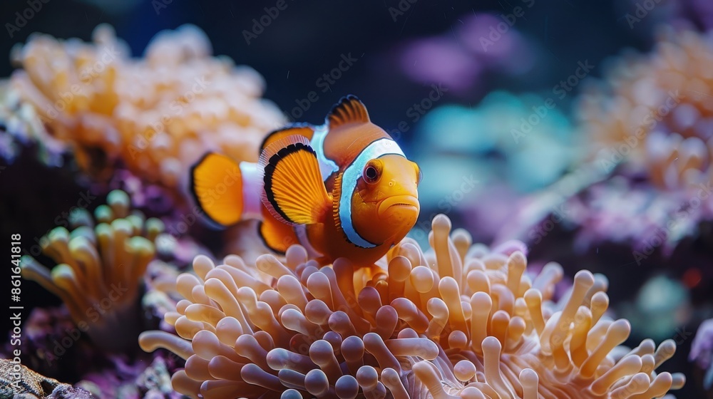 A clownfish navigates through the vibrant anemones of a reef habitat ...