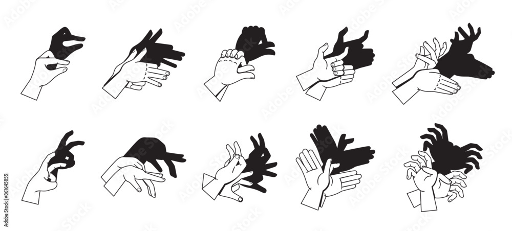 Black And White Illustration Of Different Hand Shadow Puppets Creating ...