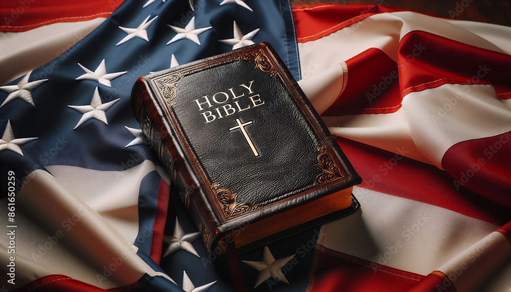 Holy bible resting on american flag, symbol of faith and patriotism ...