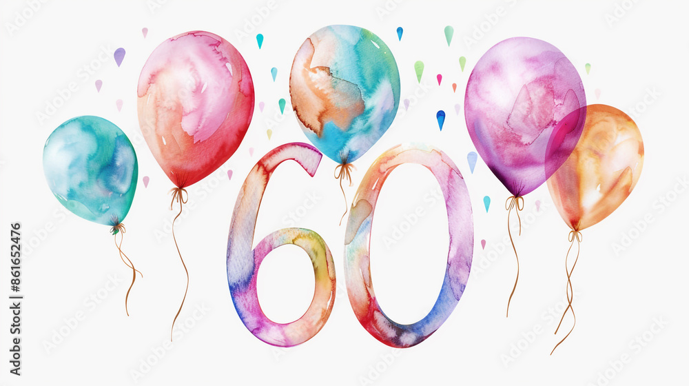 watercolor vector illustration of birthday number 60 with balloons ...