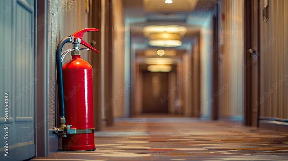 Fire extinguisher standing in the corner of a hotel corridor, safety ...