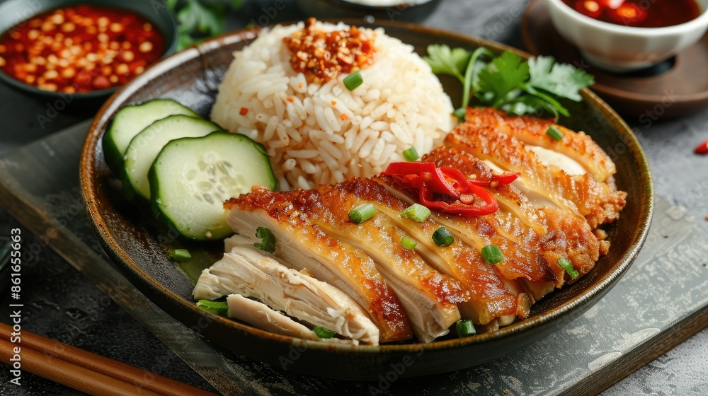 Hearty Hainanese chicken rice with fried chicken, aromatic oily rice ...