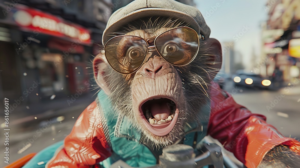 Shocked expression monkey, riding rocket in street city, wearing trendy ...