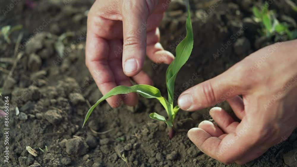 Farmer hand gently cultivate sprout. Close-up farmer nurturing young ...