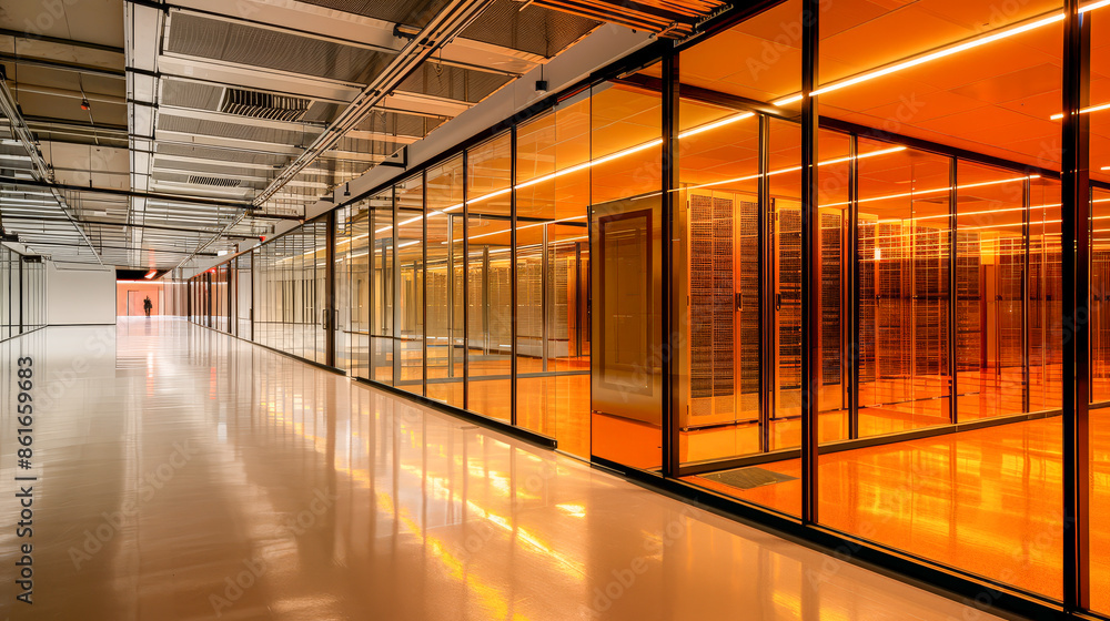 Wide-angle view of a server room hallway in an IT department, featuring ...