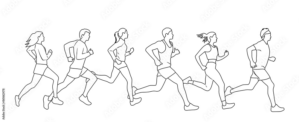 Vector silhouettes of men and women, group of running athletes, people ...