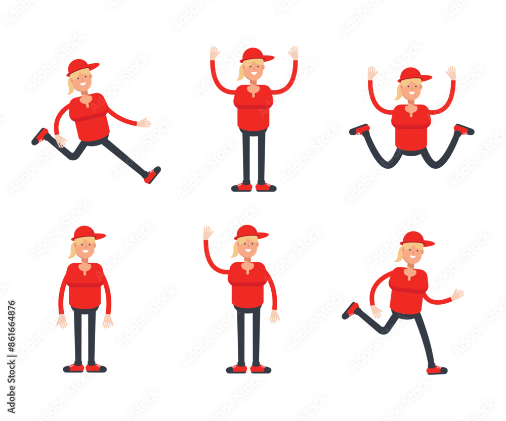 Girl Wearing Cap Characters In Various Poses Vector Illustration Stock Vector Adobe Stock