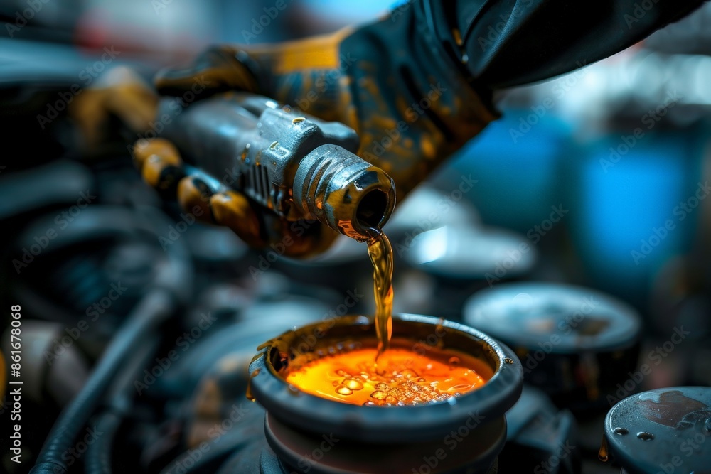 Mechanic checking car fluids, Gloved hands with paint stains pour motor ...