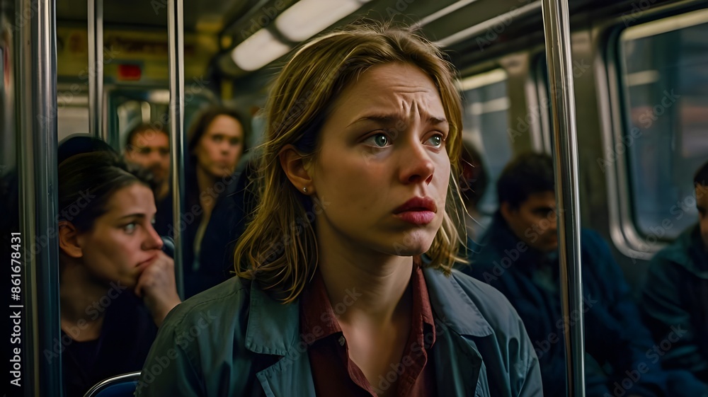 Girl sitting on bus crowd of passengers ,concept of the feeling of ...
