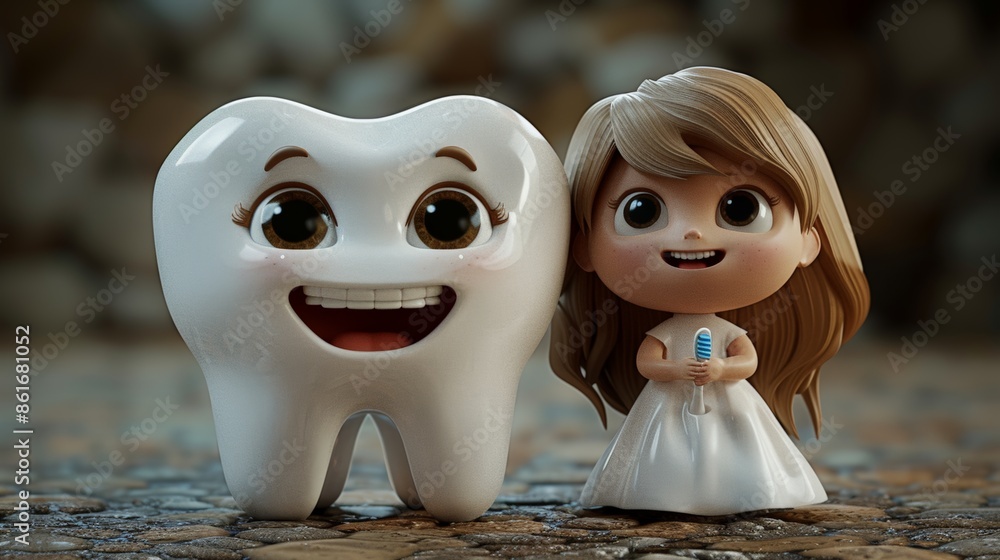 Cute animated girl holding toothbrush with smiling tooth character ...