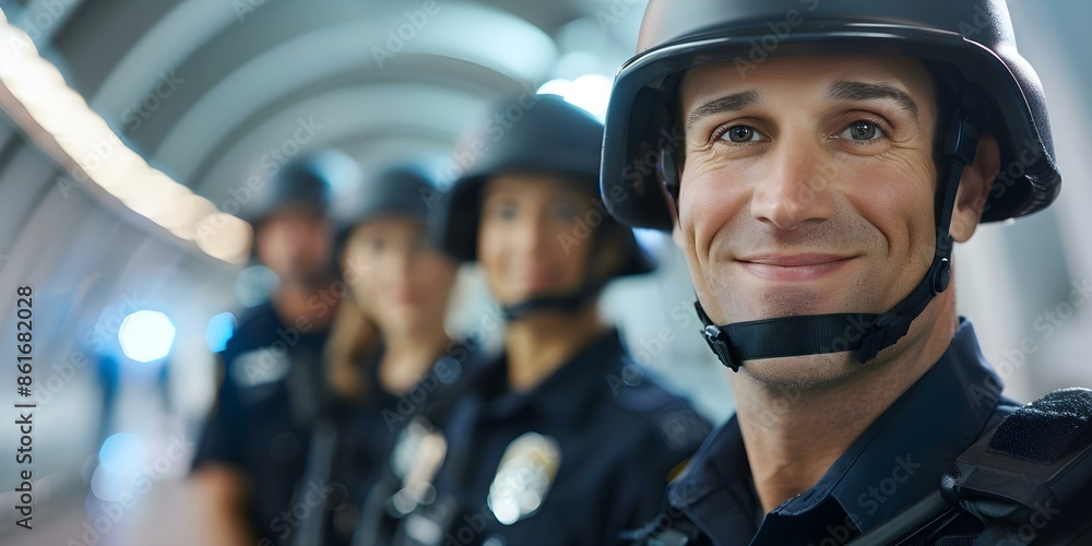 Police officers posing for advertising photo in station smiling at ...