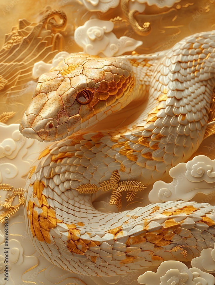 Chinese snake against a cloud pattern background with a golden metal ...