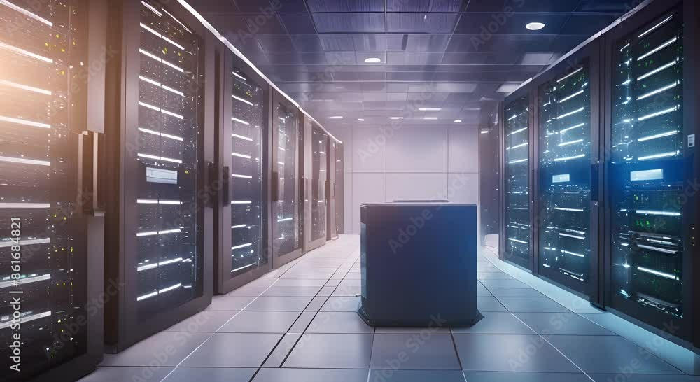 Hightech data center with server racks digital connections ...