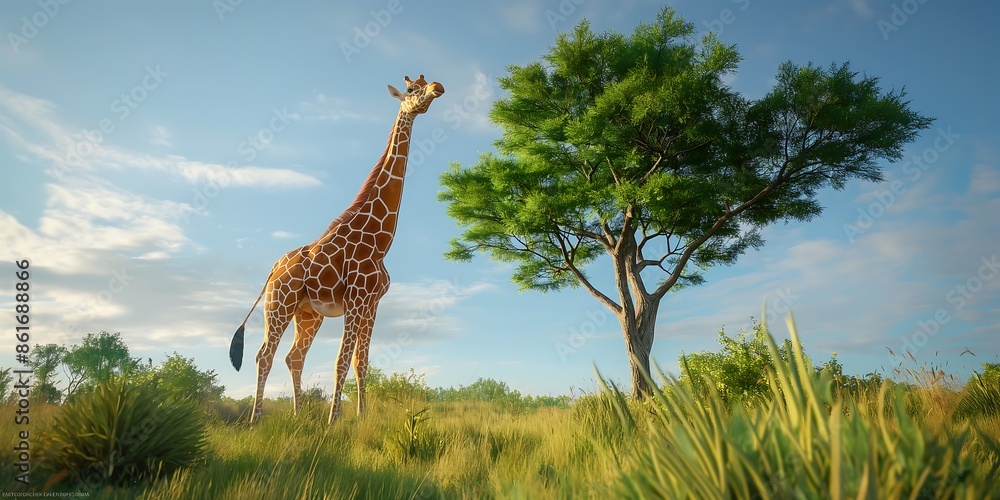 giraffe in the savannah, a curious giraffe stretching its neck to reach ...