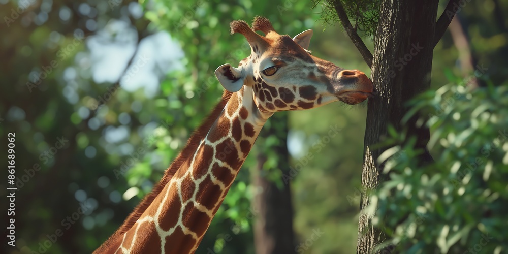 giraffe in the zoo, a curious giraffe stretching its neck to reach the ...