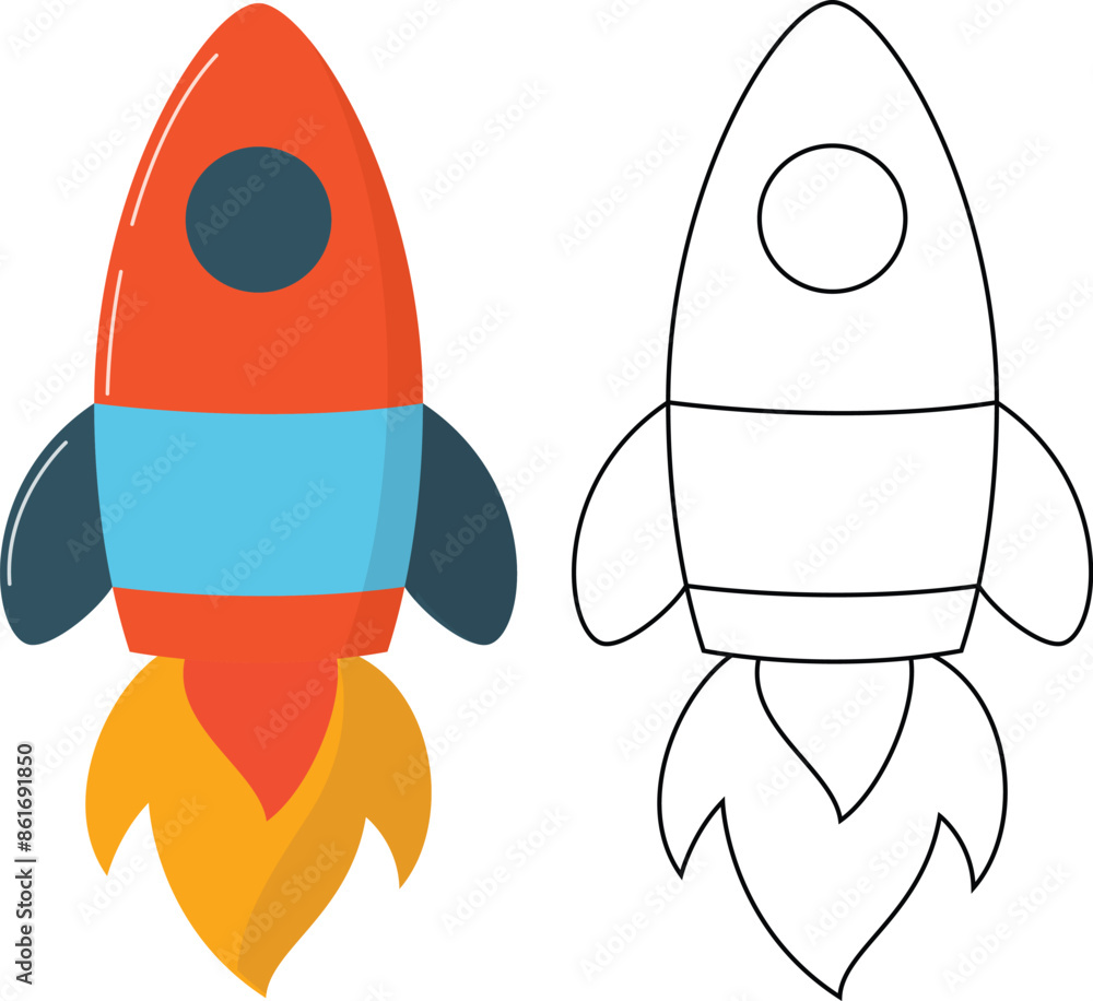 Rocket cartoon outline coloring page for kids Stock Vector | Adobe Stock