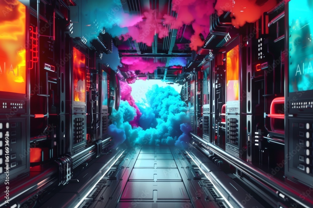 Futuristic AI data center with glowing lights, advanced artificial ...