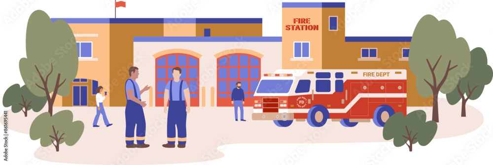 Firefighter and fire station concept. Fire dept building, truck and ...