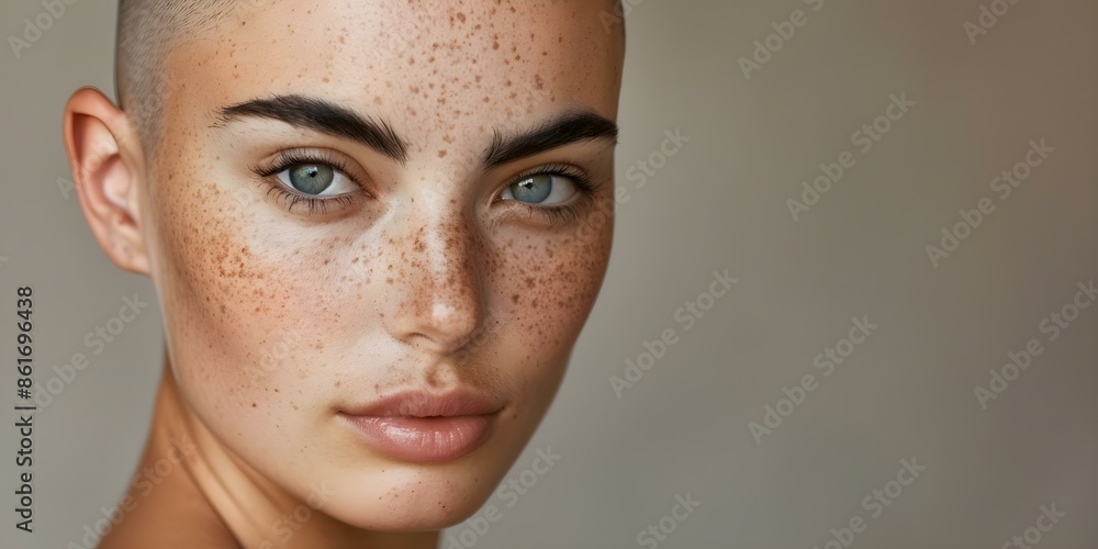 Confident Young Woman with Shaved Head and Freckles A Close-Up Portrait ...