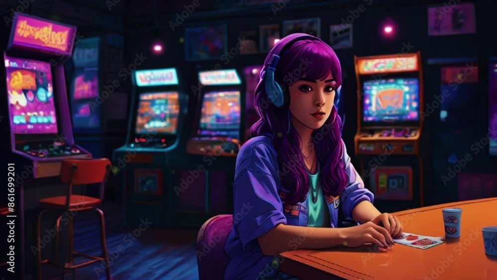 The Lofi Girl in a nostalgic 80s-themed arcade, the Lofi Girl sits at a ...
