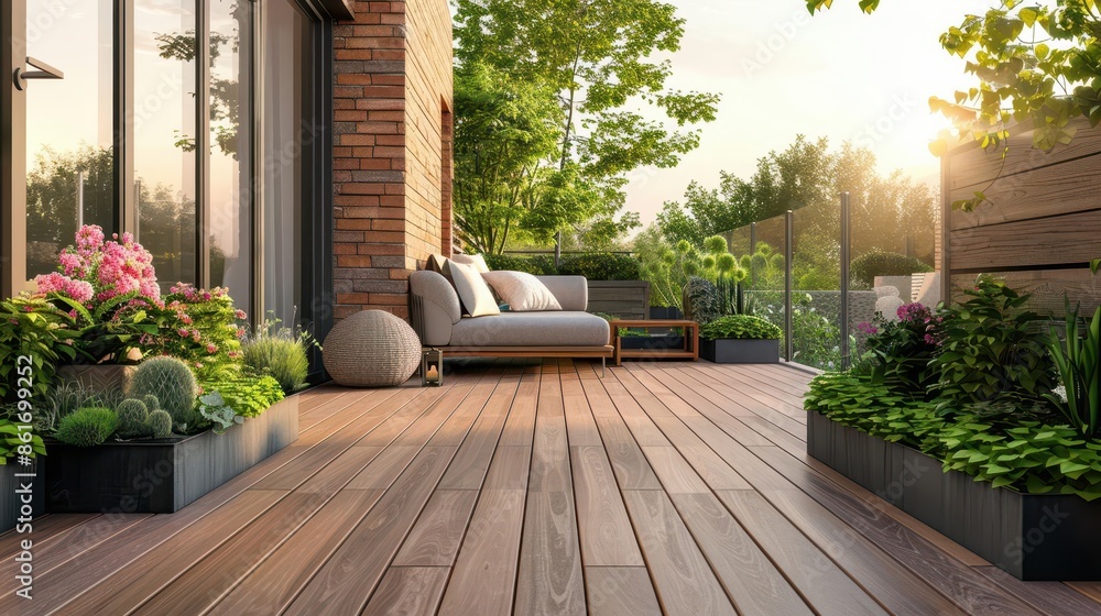 stylish modern terrace with wood deck and green potted plants Stock ...