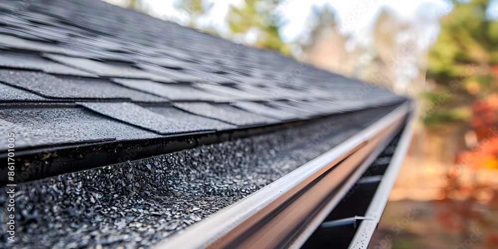 A detailed view of a new house roof featuring shingles and gutters ...