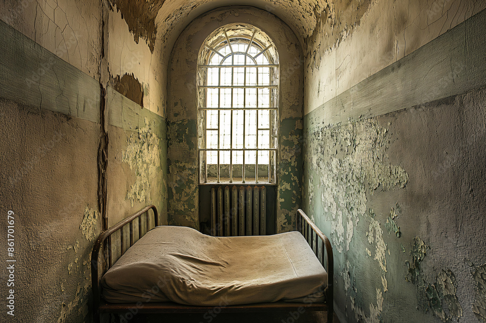 Old prison cell interior showing a decaying metal bed and a barred ...