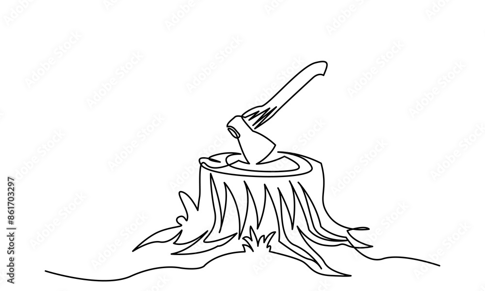 Continuous line drawing of Tree stump with axe .axe is stuck at the ...