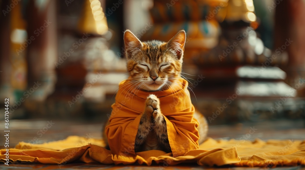 Cat in monk attire in meditation pose in the temple Stock Illustration ...