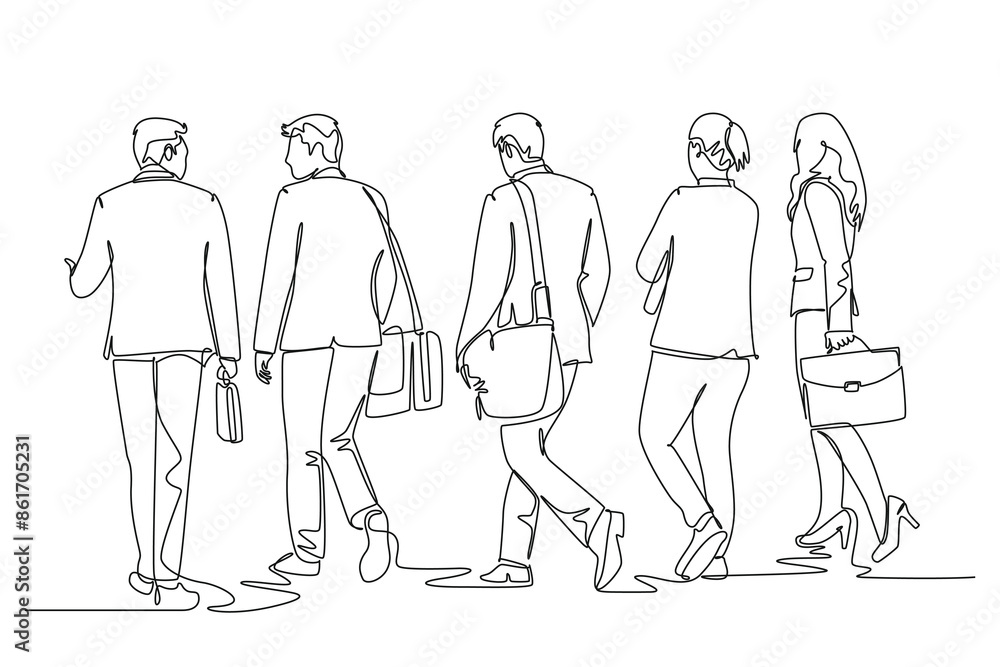 Single one line drawing back view of group urban male and female ...