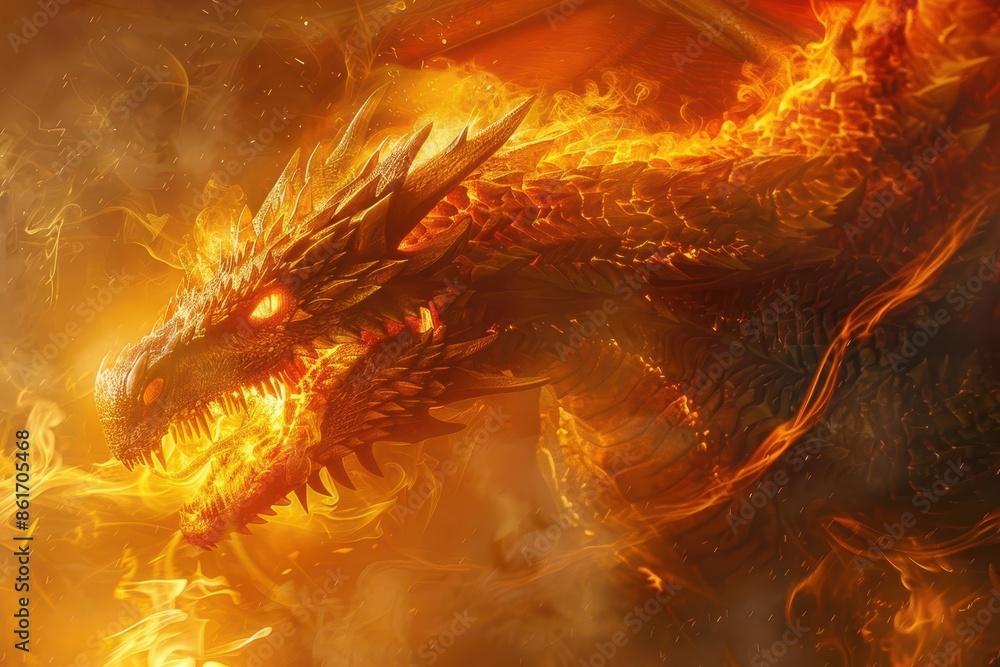 majestic fire dragon emerging from swirling flames scales glowing with ...