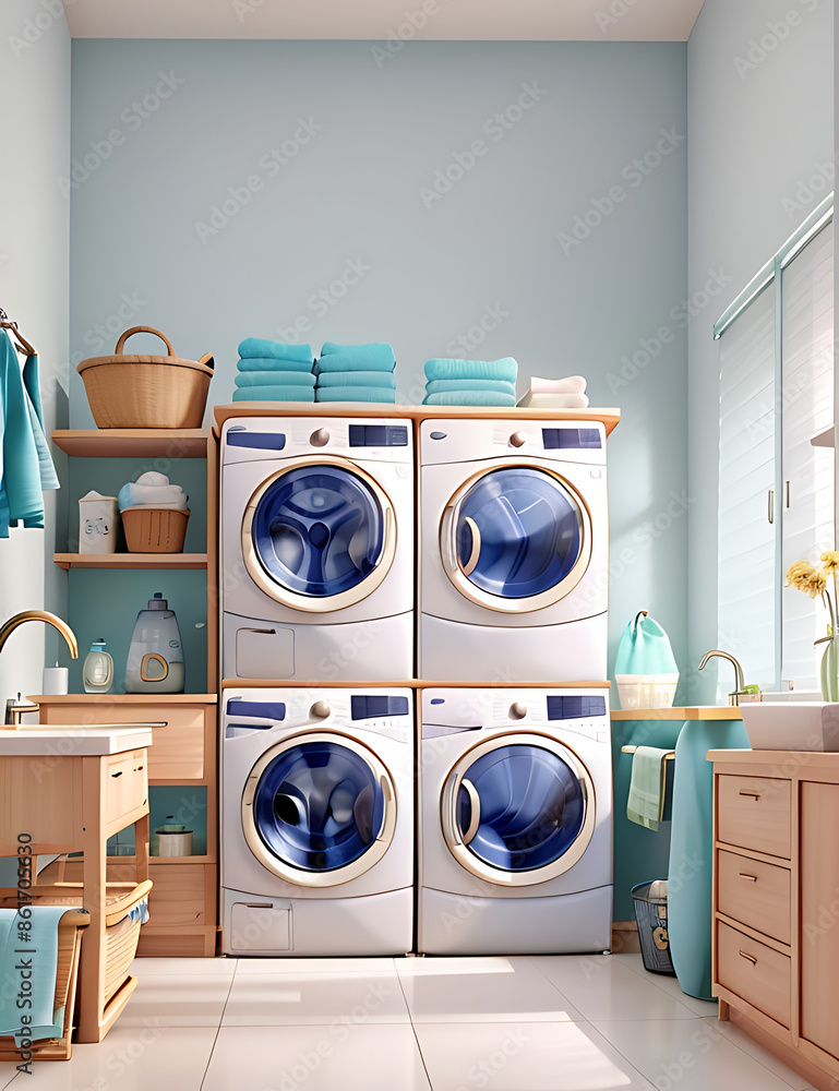 A Big Modern laundry shop interior with counter and washing machines ...