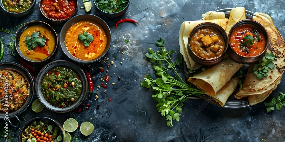 Overhead shot of traditional South Indian dishes like Masala Dosa and ...